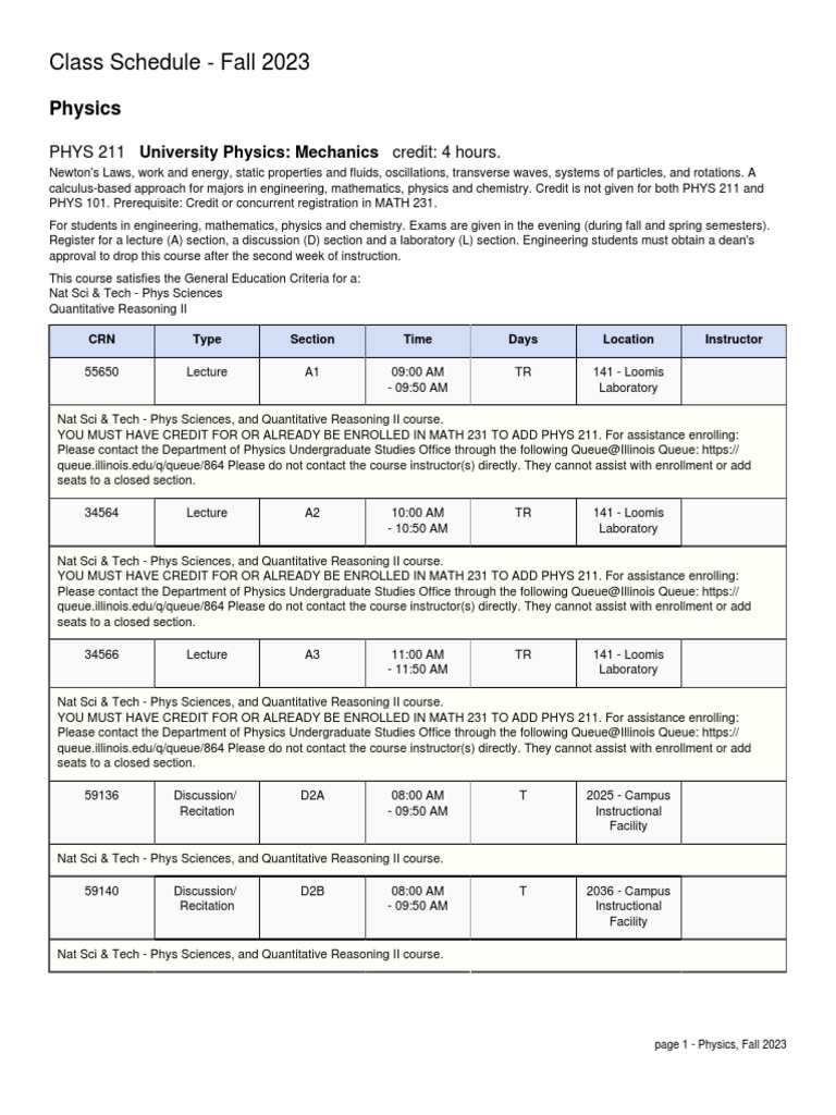 Schedule 2023 Fall PHYS 211 | PDF | Physics | Science