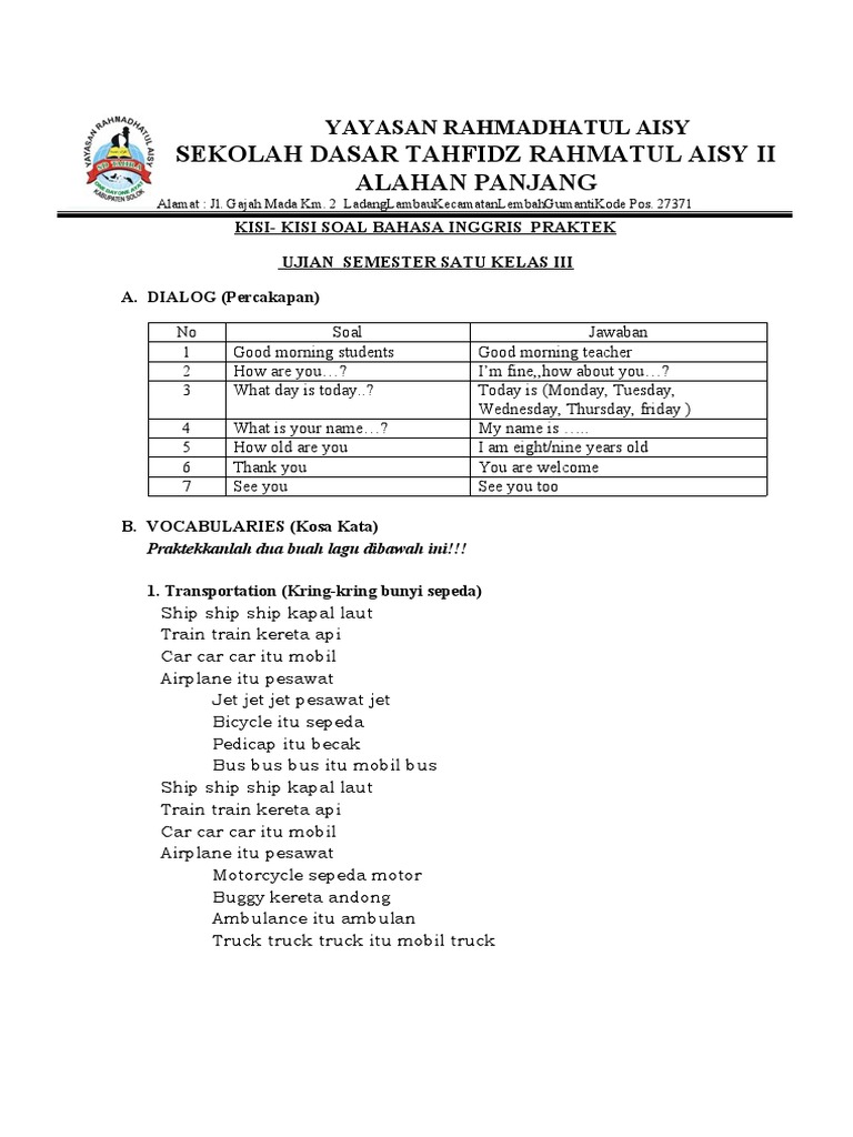 Kisi Kisi Ujian Praktek Bahasa Inggris | PDF