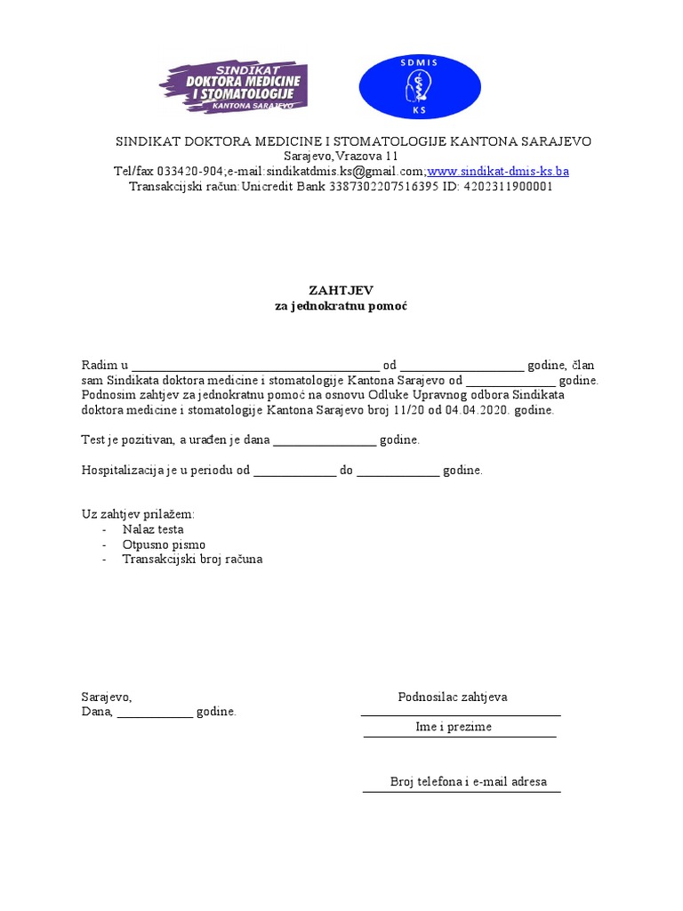 Zahtjev Za Jednokratnu Novčanu Pomoć Sdmisks | PDF