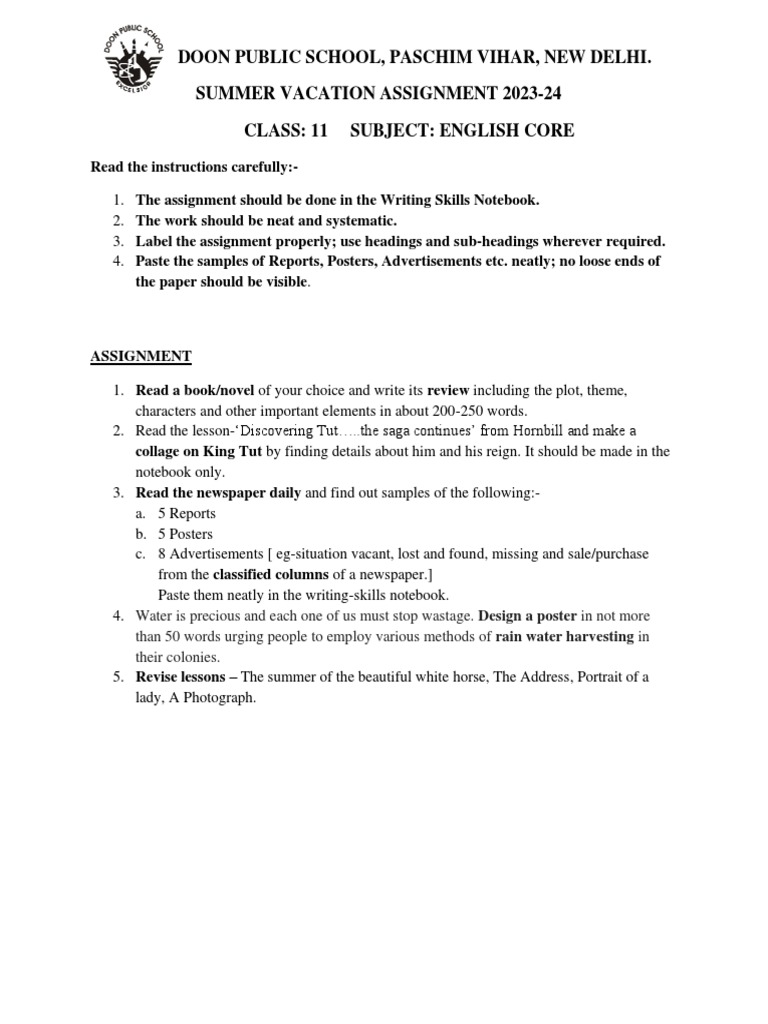 Eng. Summer - Vacation - Assignment - (2023-24) | PDF