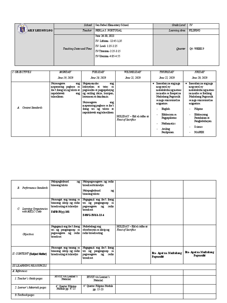 DLL - Filipino IV-Filipino 4 - Week-9 | PDF