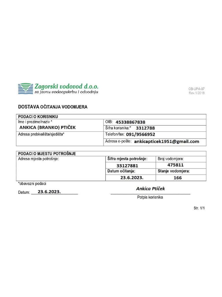 Obrazac Za Dostavu o Itanja Vodomjera Page 0001 | PDF