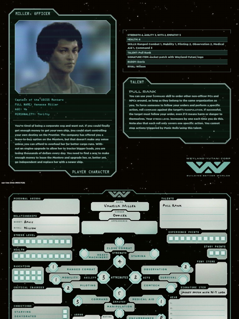 Character Sheets for USCSS Montero RPG | PDF