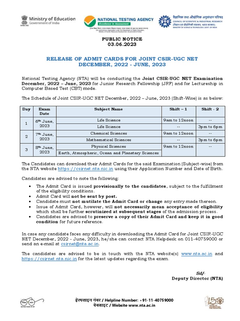 Release of Admit Cards For Joint Csir-Ugc Net DECEMBER, 2022 - JUNE, 2023 | PDF | Educational ...