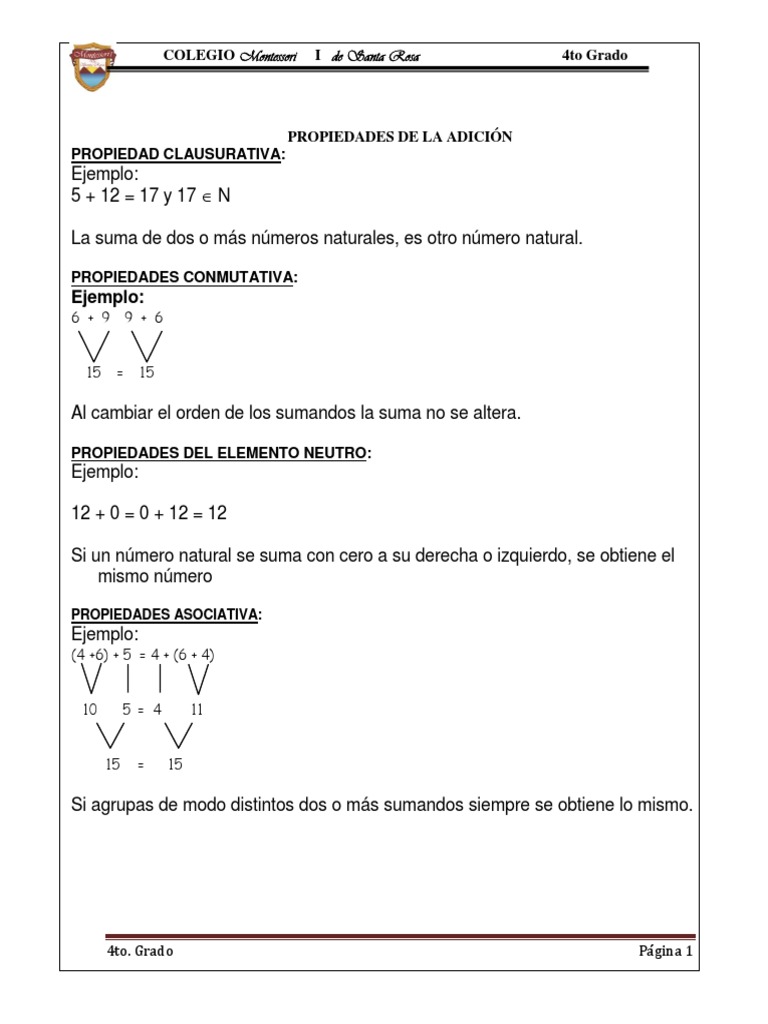 Matematica Propiedades de La Adicion | PDF | Matemáticas | Matemática ...