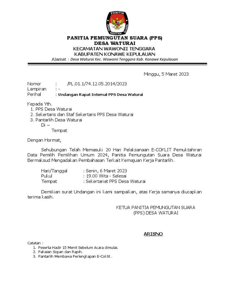 Undangan Rapat Internal PPS Waturai | PDF
