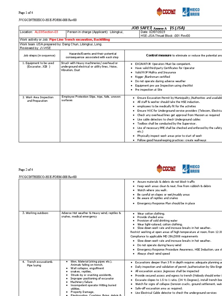 JSA-Excavation & Backfilling | PDF | Personal Protective Equipment | Safety