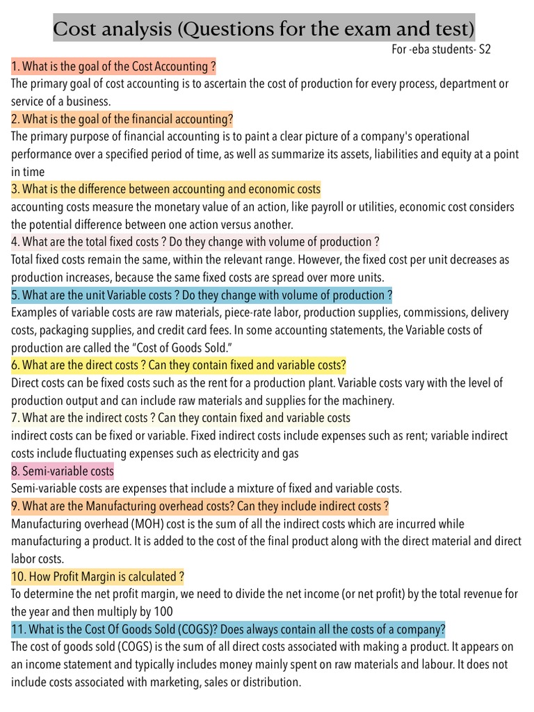 COST ANALYSIS - 62 Questions With Answers | PDF | Cost Of Goods Sold ...