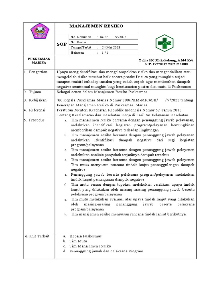 Sop Mutu Manajemen Resiko | PDF