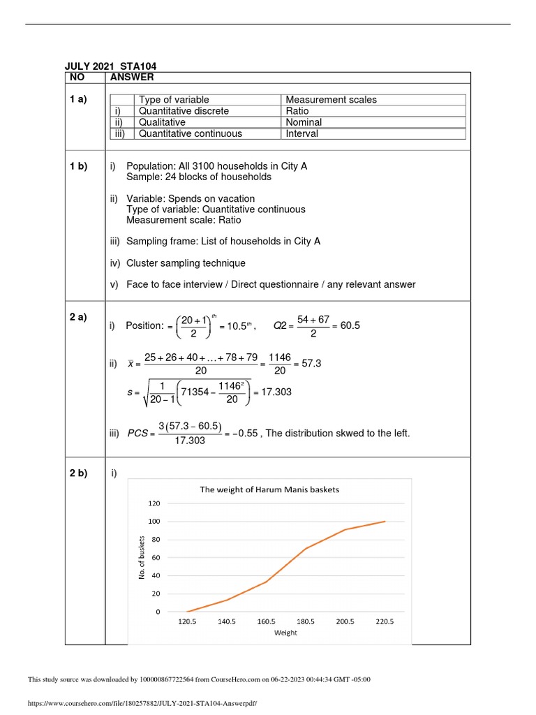 STA104 July 2021 Exam Answers | PDF | Sampling (Statistics) | Level Of ...