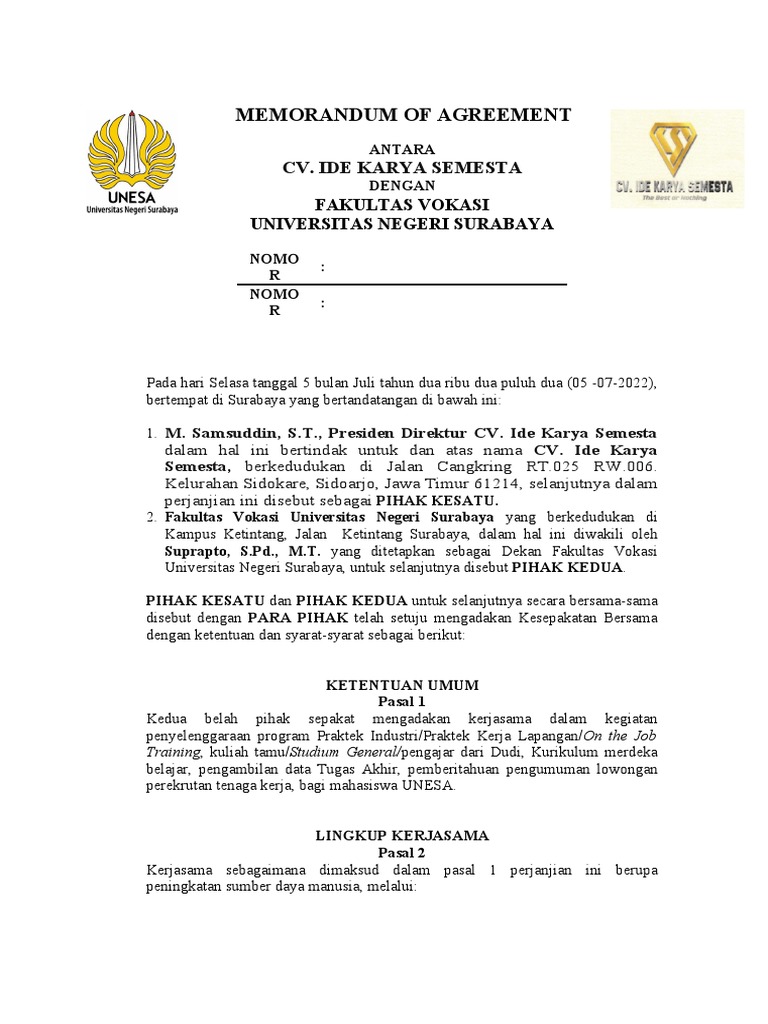 Naskah MoA CV. Ide Karya Semesta | PDF