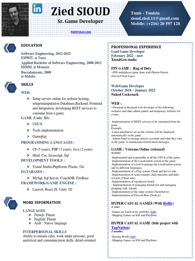 Zied Sioud: Senior Game Developer Profile | PDF | World Wide Web ...