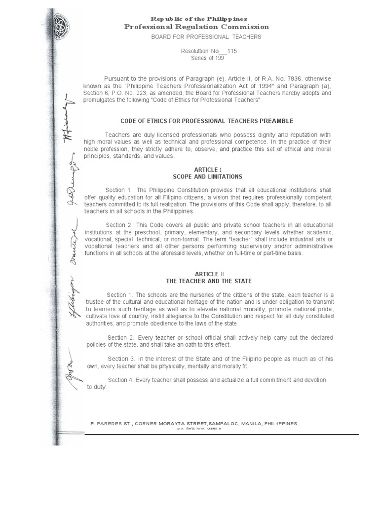 Resolution no. 435 Code of Ethics | PDF | Teachers | Justice