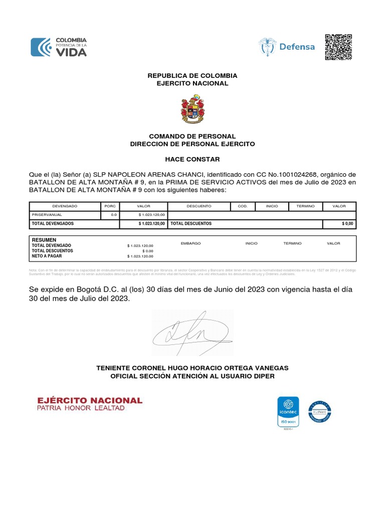 Prima de Servicio Activo - Julio 2023 | PDF