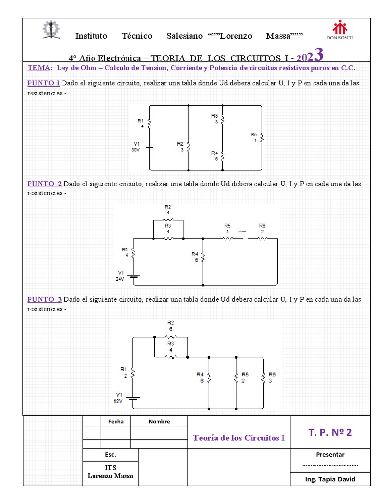 Instituto Técnico Salesiano """Lorenzo Massa""" 4º Año Electrónica - Teoria de Los Circuitos I | PDF