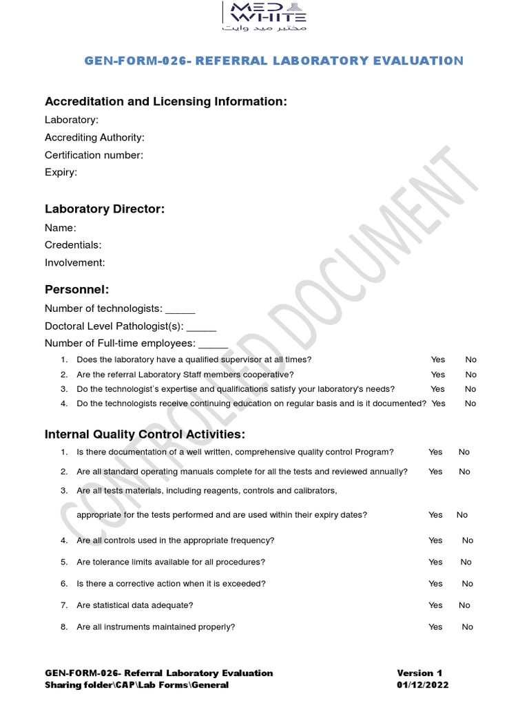 Gen Form 026 Referral Laboratory Evaluation Pdf Laboratories