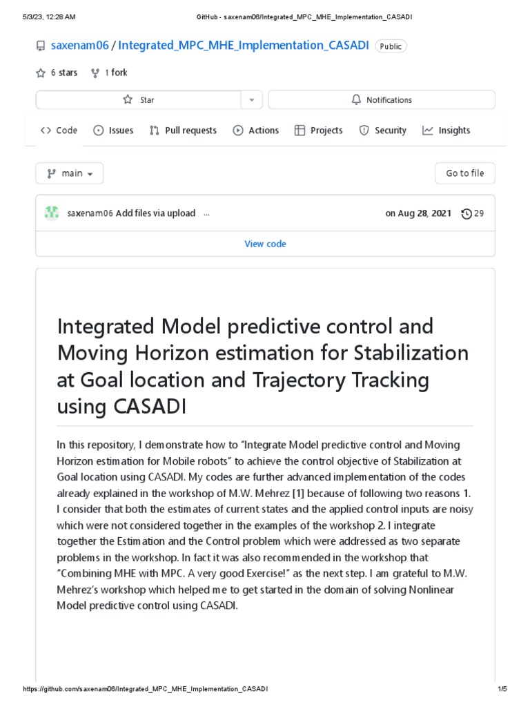 GitHub - Saxenam06 - Integrated - MPC - MHE - Implementation - CASADI | PDF | Systems Theory ...