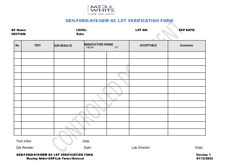 Gen-Form-019 - New QC Lot Verification Form | PDF | Technology & Engineering