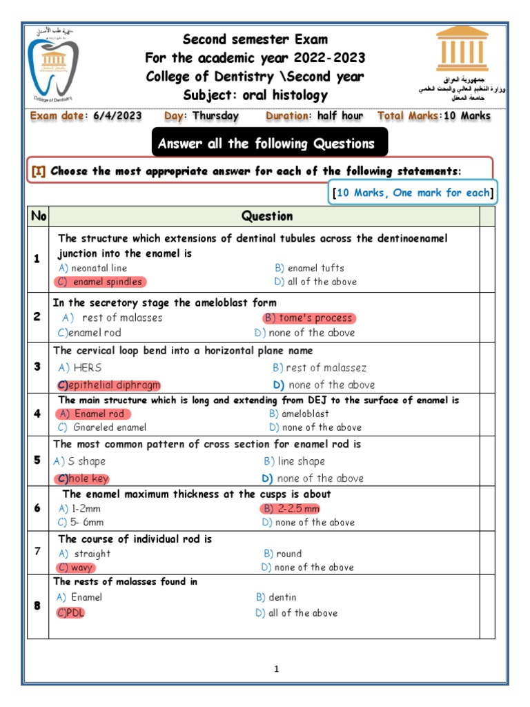 Second Semster Exam-1oral Histo - 230615 - 194859 | PDF | Tooth Enamel ... Second Semster Exam-1oral Histo - 230615 - 194859 | PDF | Tooth Enamel ...