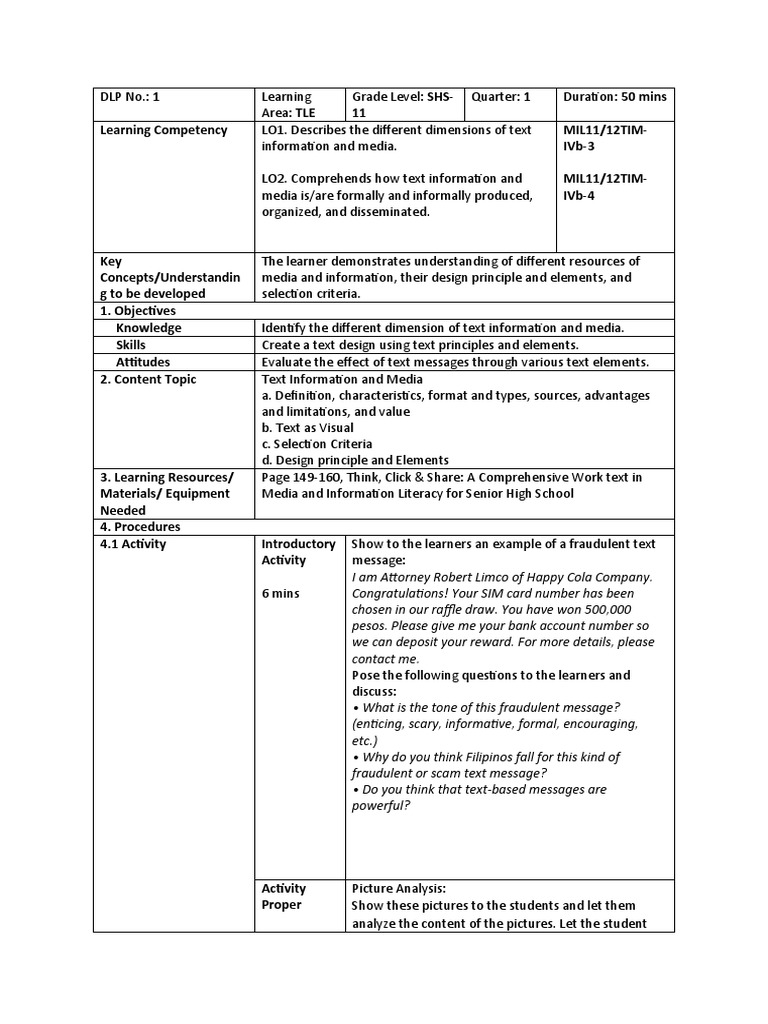 MIL Lesson Plan: Text Information & Media | PDF | Learning | Information