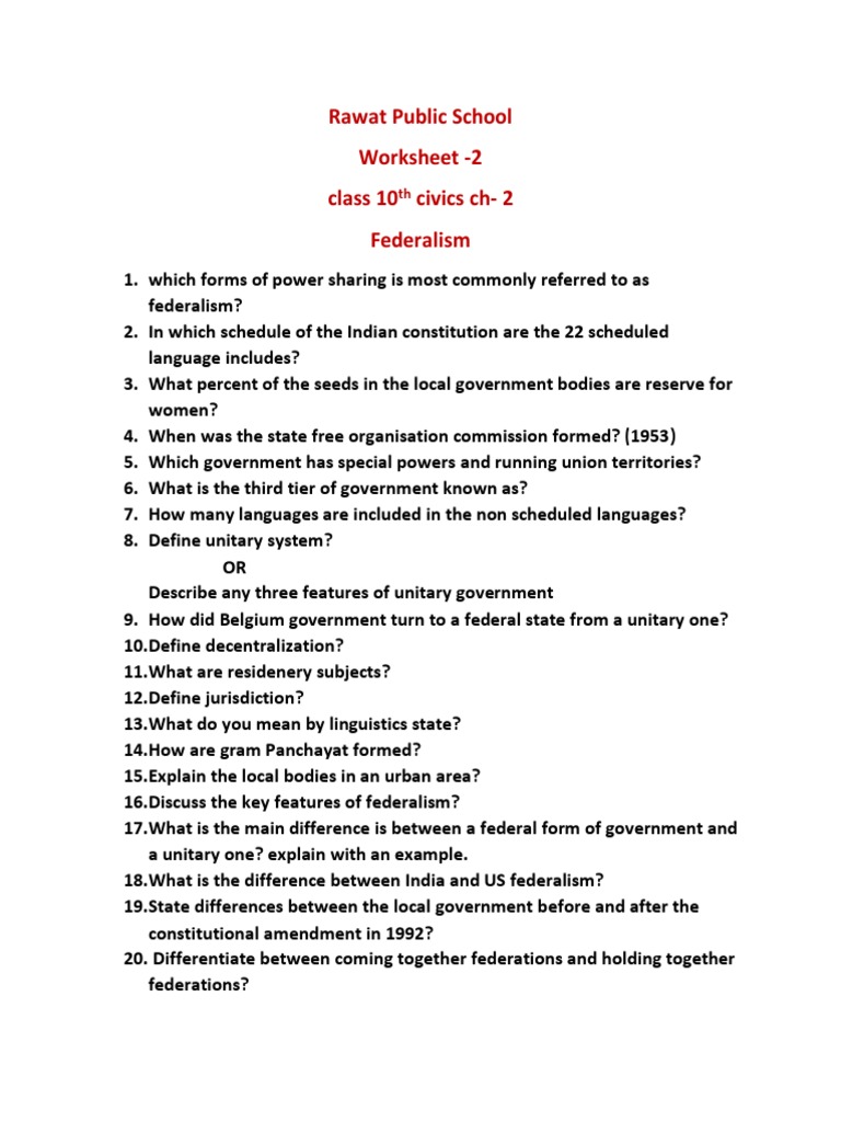 Worksheet - 2 Federalism | Download Free PDF | Federation | Federalism