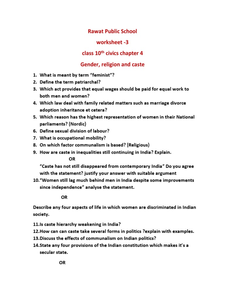 Class 10 Worksheet: Gender, Religion, Caste | PDF | Caste | Secularism