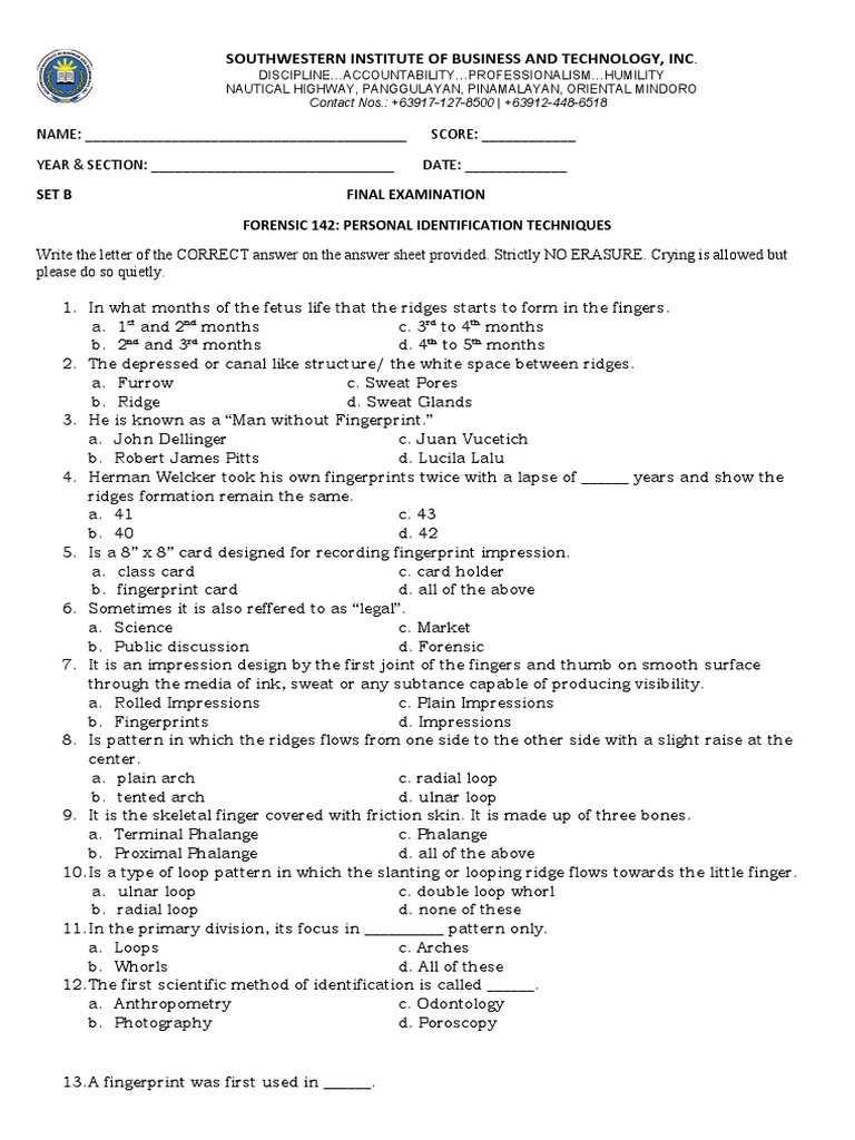 Forensic 142 Final Exam: Fingerprint Techniques | PDF | Fingerprint | Hand