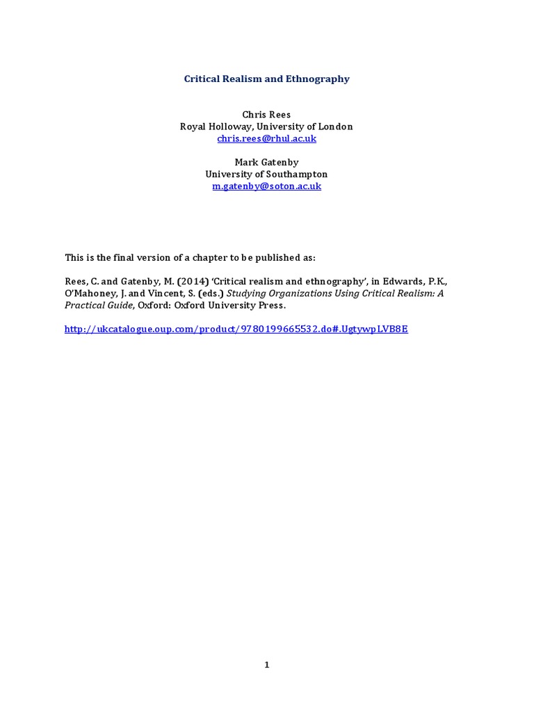 Critical Realism & Ethnography | PDF | Ethnography | Ontology Critical Realism & Ethnography | PDF | Ethnography | Ontology
