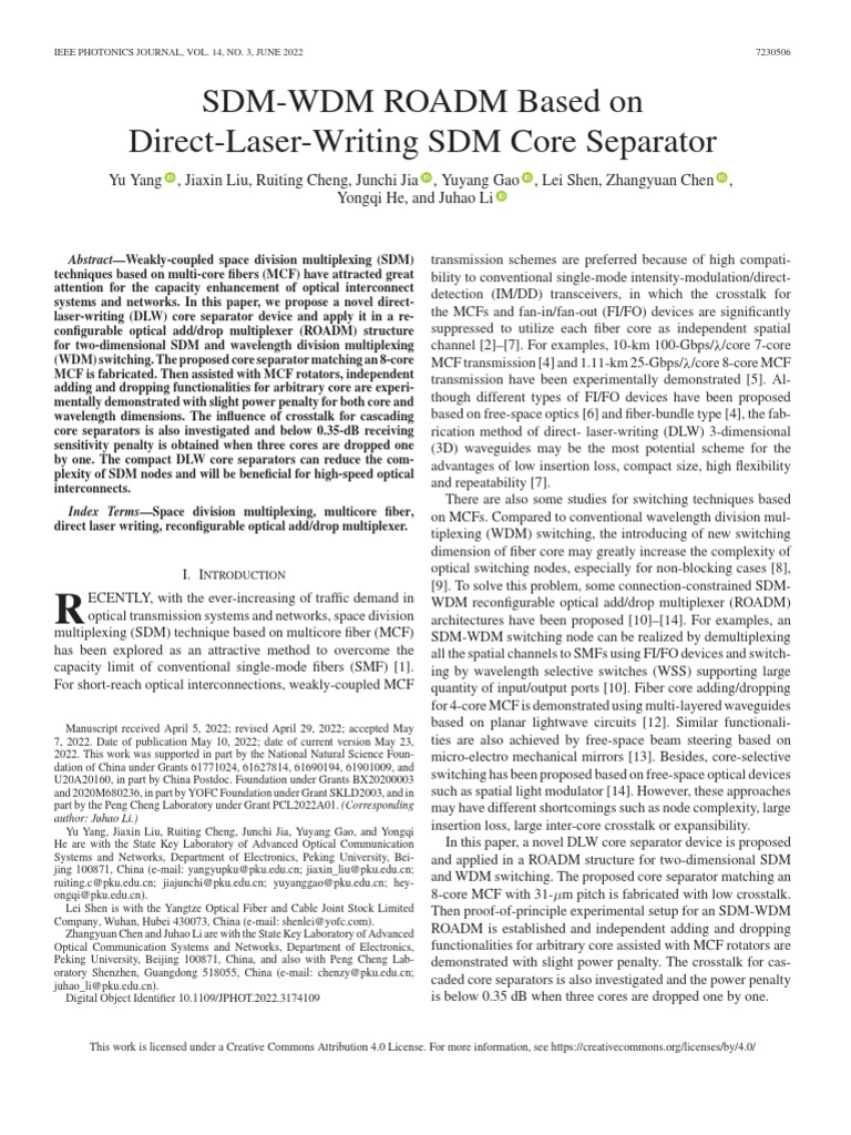 SDM-WDM ROADM for Optical Networks | PDF | Wavelength Division Multiplexing | Optical Fiber