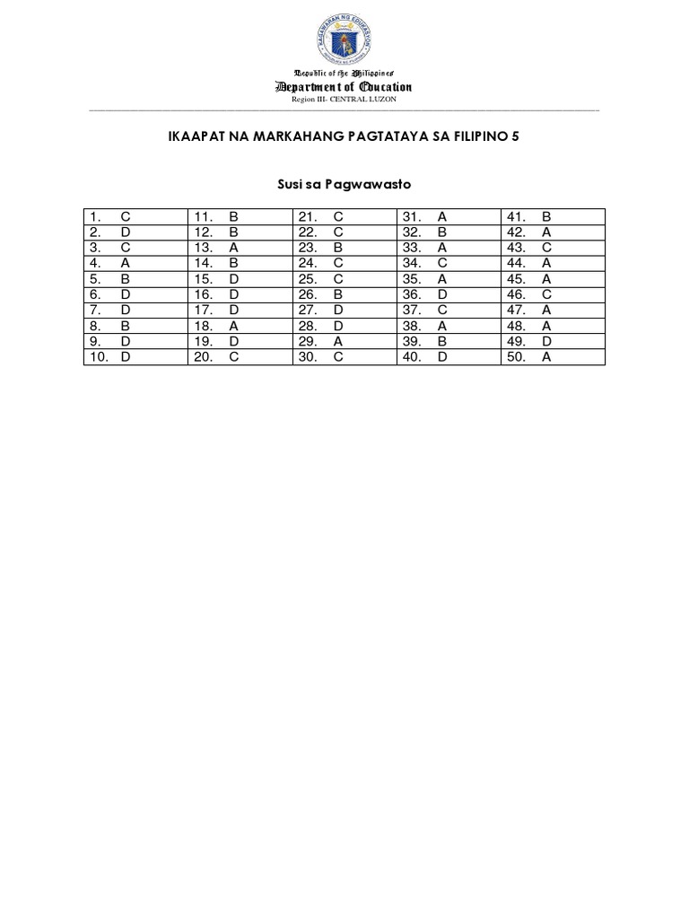 Filipino 5- Answer Key | PDF