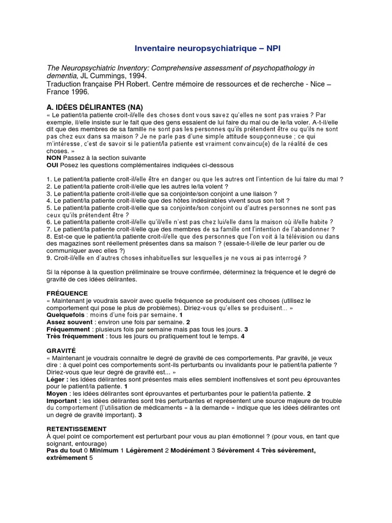 Inventaire Neuropsychiatrique - NPI | PDF | Dépression (psychiatrie ...