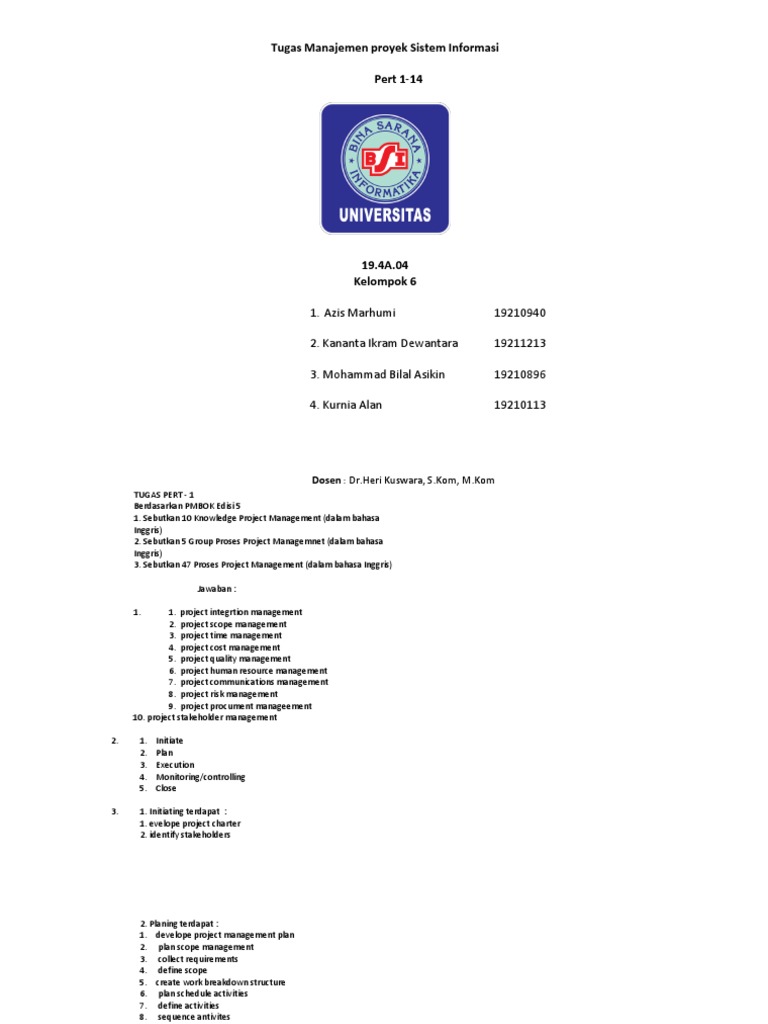 Tugas MPSI P1-P14 - Kelompok 6 - 19.4A.04 | PDF | Project Management | Systems Theory