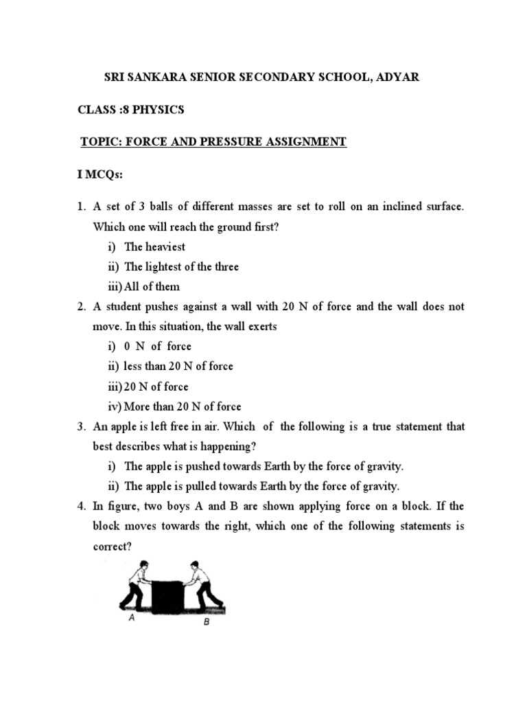 Force and Pressure Assignment | PDF | Force | Physics