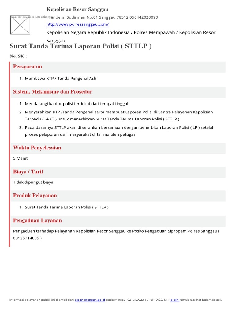 Unduh Standar Pelayanan - Surat Tanda Terima Laporan Polisi (STTLP) | PDF