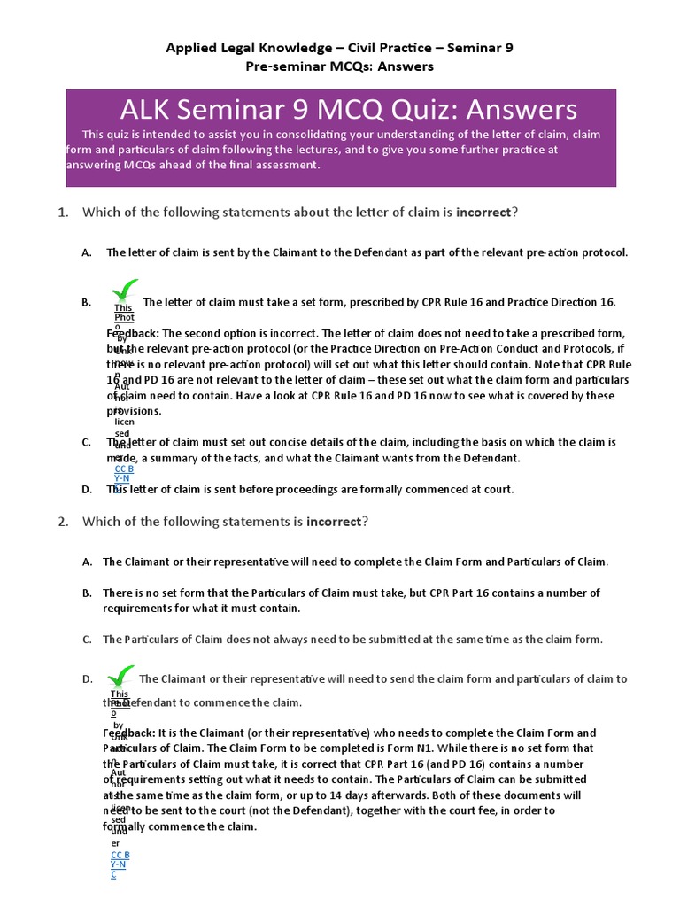 ALK Seminar 9 MCQ Quiz Answers | PDF | Multiple Choice | Judiciaries