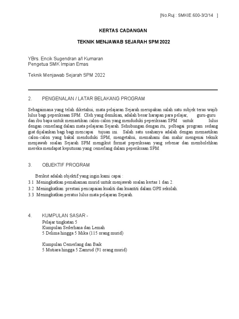 Kertas Kerja Teknik Menjawab Sejarah 2022 | PDF