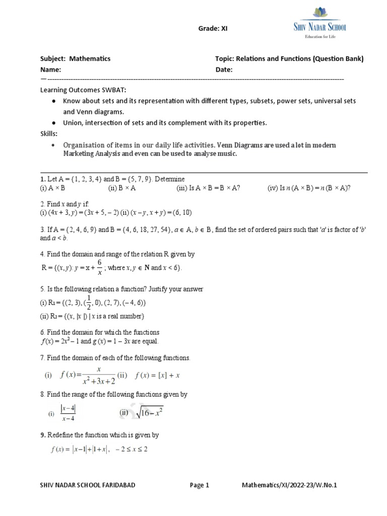 Relations And Functions 11 Ws 1 Question Bank 22 23 Pdf Function Mathematics