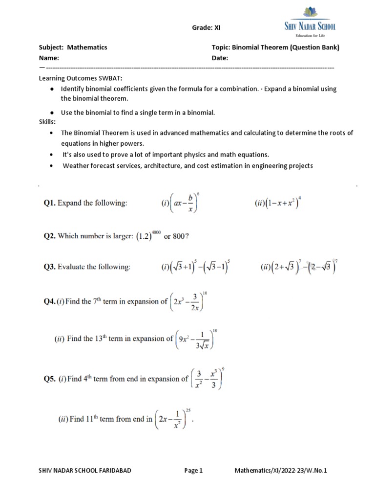 Binomial Theorem Question Bank Class 11 | PDF