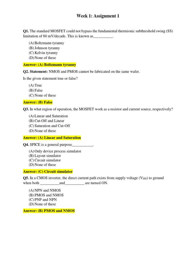 Week1_Assignment1_Solutions | PDF | Mosfet | Cmos