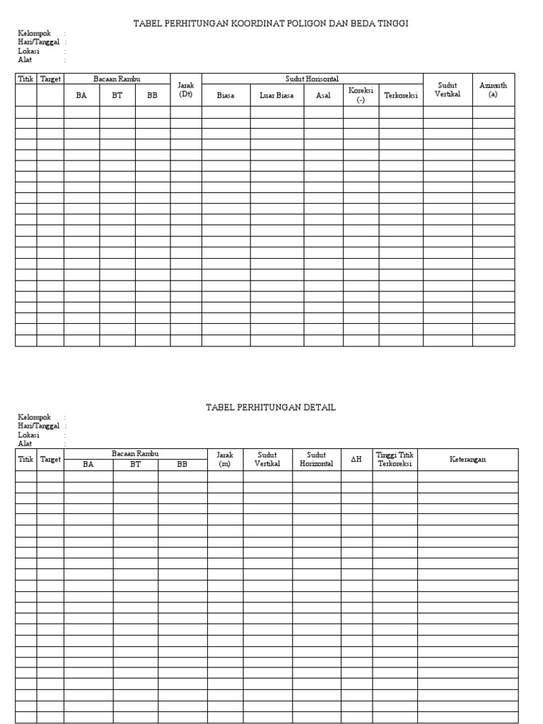 TABEL PERHITUNGAN KOORDINAT POLIGON DAN BEDA TINGGI | PDF