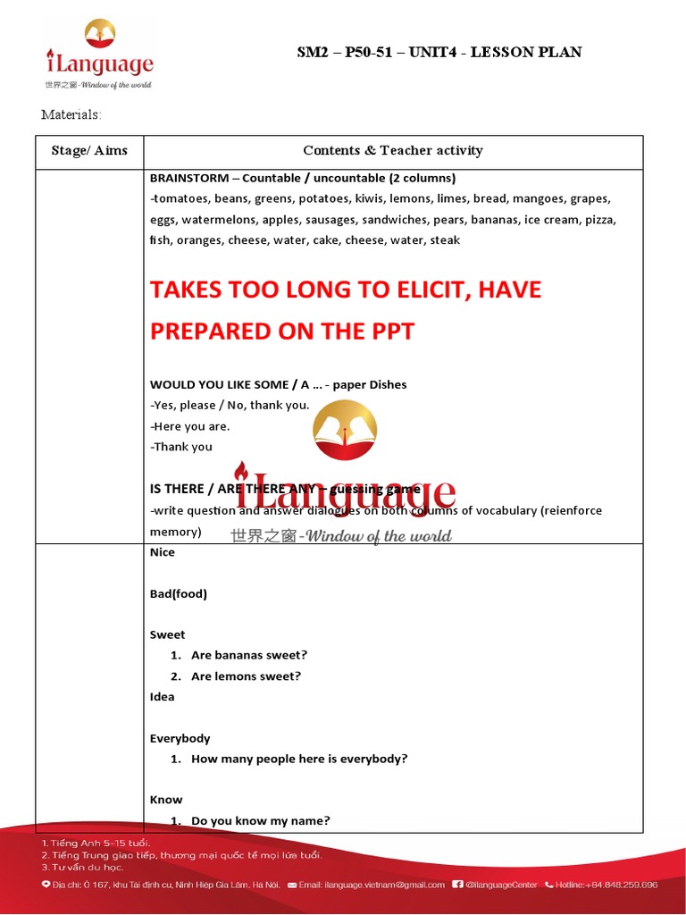 SM2 - P50-51 - Unit4 - Lesson Plan | PDF | Foods | Food And Drink