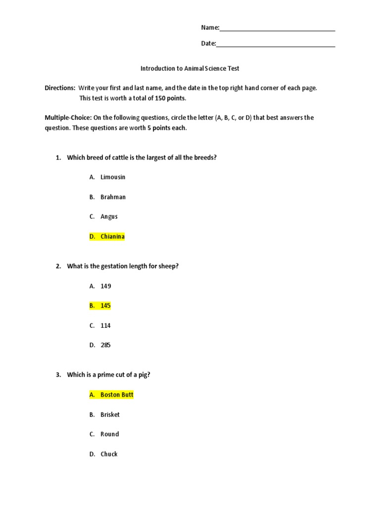 Animal Science Test Teacher | PDF | Goat | Cattle