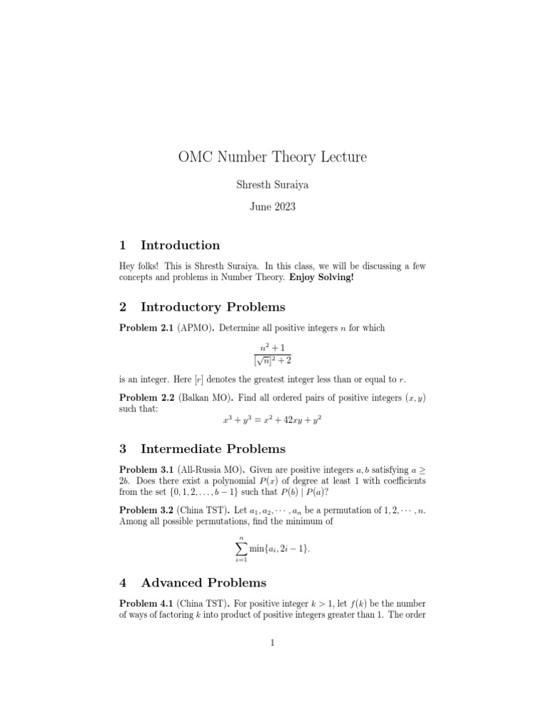 OMC Number Theory Lecture | PDF | Factorization | Mathematics