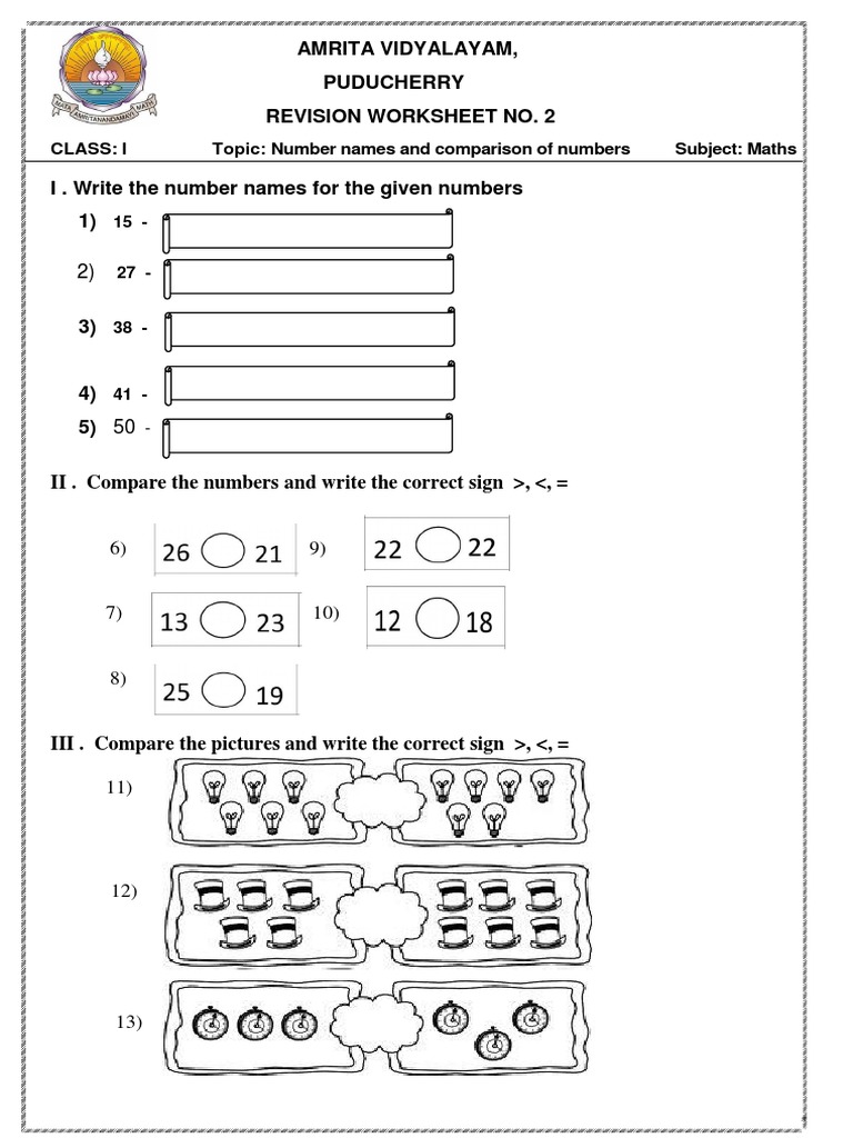Class I Maths: Number Names & Comparison | PDF