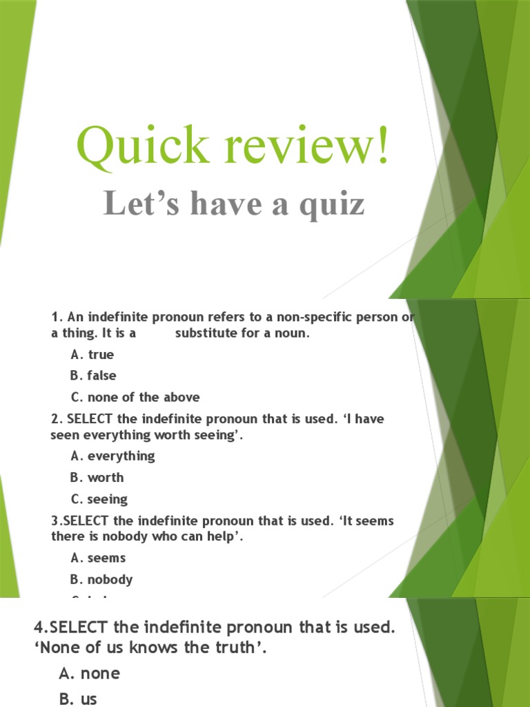 Indefinite Pronoun Quiz | PDF | Pronoun | Language Mechanics