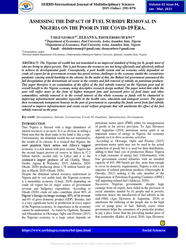 Assessing The Impact of Fuel Subsidy Removal in Nigeria | PDF | Subsidy | Poverty