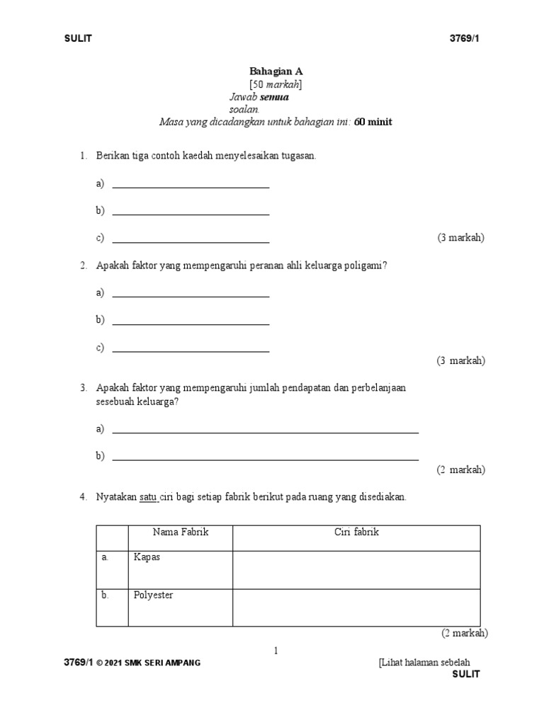 Soalan Percubaan Smksa 2021 1 (2) | PDF