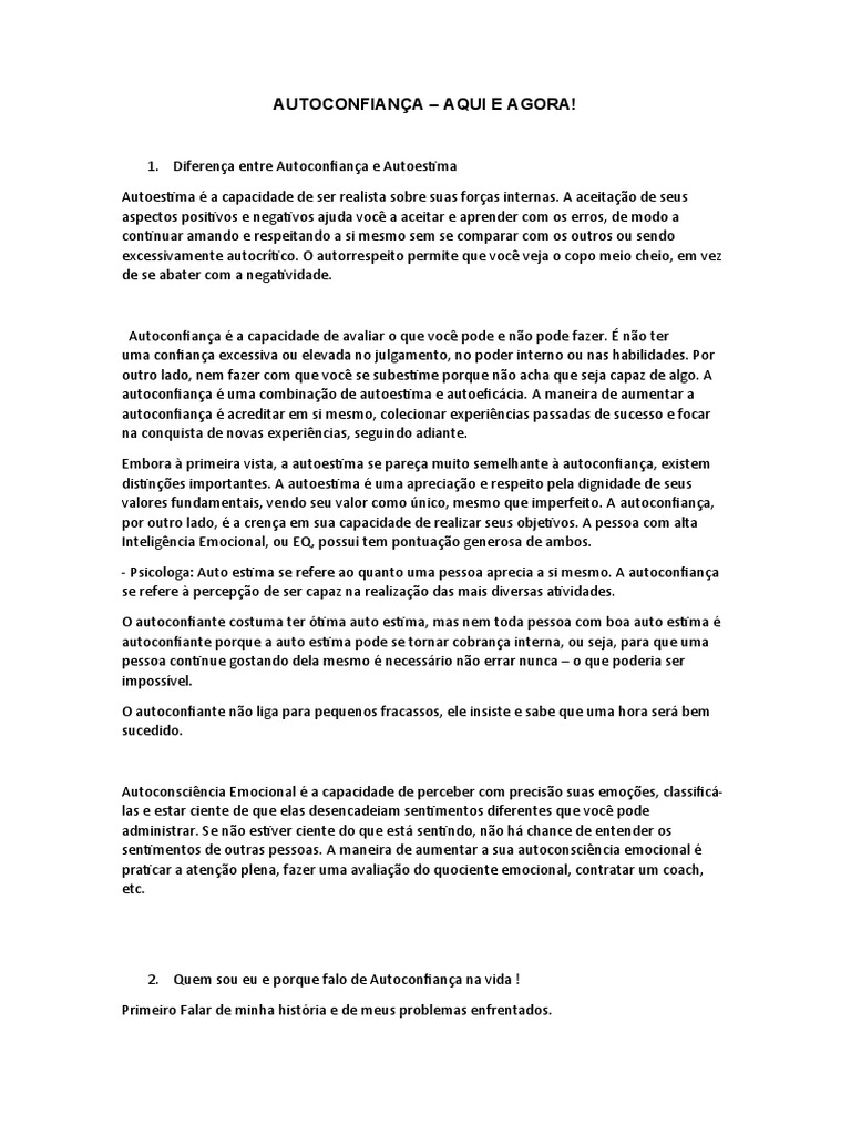 Autoconfiança: Diferenças e Dicas Práticas | PDF | Autoestima | Pensamento
