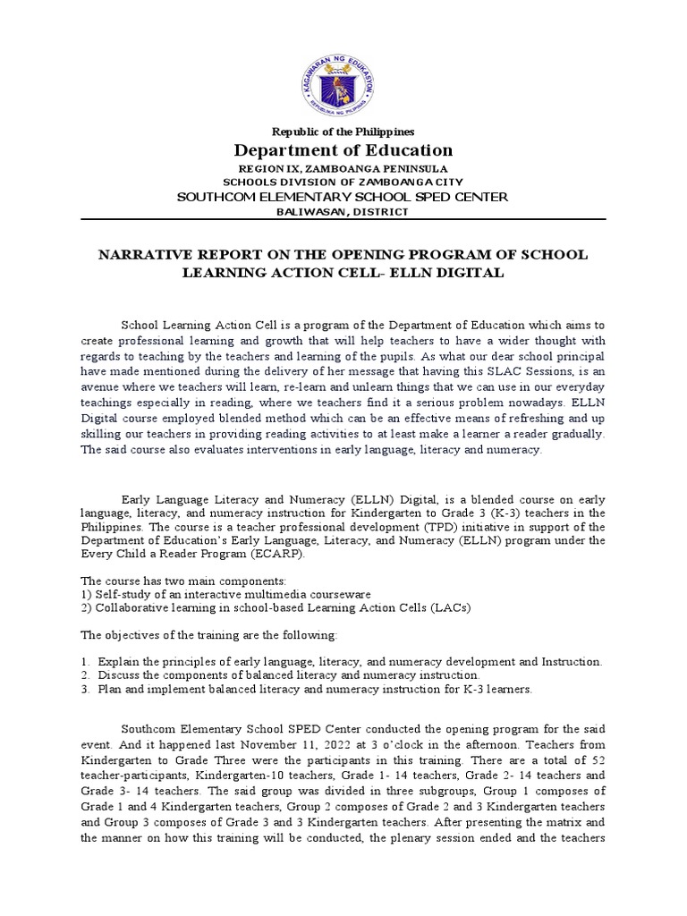 Narrative Report-ELLN Digital-Opening Program | PDF | Literacy | Teachers