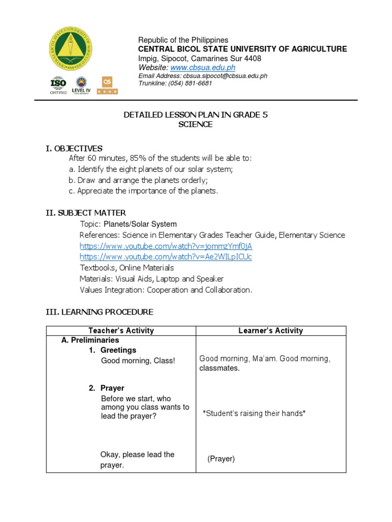 Grade 5 Solar System Lesson Plan | PDF | Planets | Solar System
